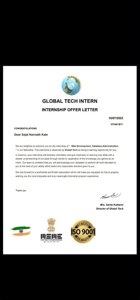 Internship Globaltech Sejal Kate
