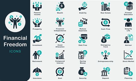 Financial Freedom 솔리드 아이콘 컬렉션 돈 라이프 스타일 수동 소득 금융 교육 예금 고문 부동산 부 투자 저축 목표 인생 단순화 현금 흐름을 포함합니다
