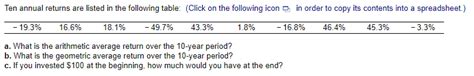 solved a what is the arithmetic average return over the 10