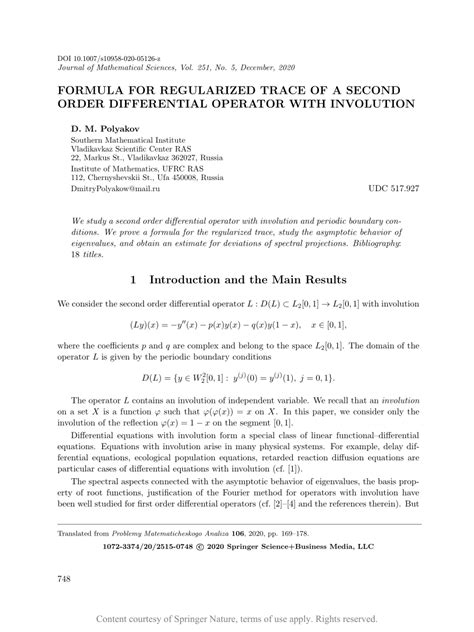Formula For Regularized Trace Of A Second Order Differential Operator With Involution Request Pdf