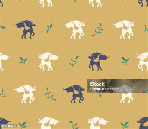 다크 말과 흰색 유니콘과 황금 베이지색 배경에 녹색 나뭇가지의 완벽 한 패턴 0명에 대한 스톡 벡터 아트 및 기타 이미지 0명 귀여운 금색 Istock