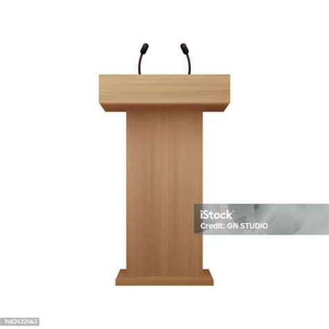 회의 강의 또는 토론에서 연사를 위한 마이크가 있는 나무 웅변가 연단 대중과의 프레젠테이션 및 커뮤니케이션을 위한 현실적인 연단 강단 연설을위한 트리뷴 벡터 그림 연단에