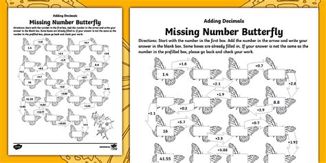 Sixth Grade Adding Decimals Missing Number Butterfly Math