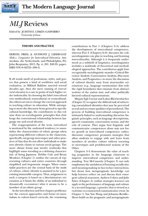 Pdf Dervin Fred And Anthony J Liddicoat Eds Linguistics For Intercultural Education