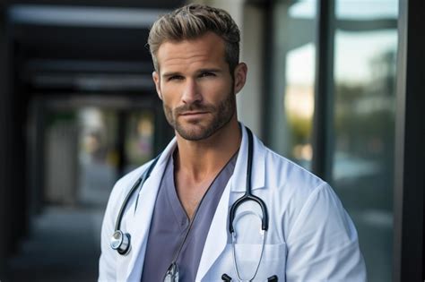 Premium AI Image Handsome Male Doctor In A Medical Gown Stands In The Hospital Labor Day