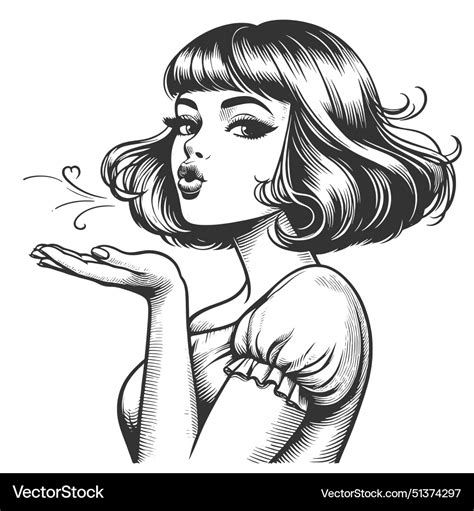 Pin Up Girl Blowing A Kiss Engraving Sketch Vector Image