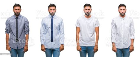 흰색 위에 보이는 캐주얼을 입고 젊은 남자의 콜라주 Backgroud 의심과 긴장 찡그림 화가 문제 때문에 고립 부정적인 사람입니다 감정에 대한 스톡 사진 및 기타 이미지