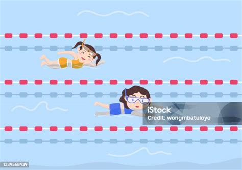 귀여운 작은 아이 수영 배경 벡터 일러스트 에 플랫 만화 스타일 수영복을 입고 여름에수영을 하고 물 활동을 하는 사람들 건강한