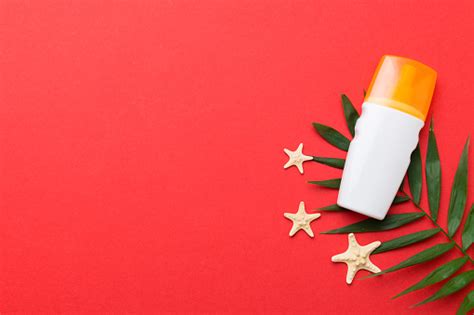 자외선 차단제 스프레이 병 태양 보호 크림과 색상 배경에 열대 녹색 잎이있는 바다 껍질이있는 병 상단 전망 0명에 대한 스톡 사진 및 기타 이미지 Istock