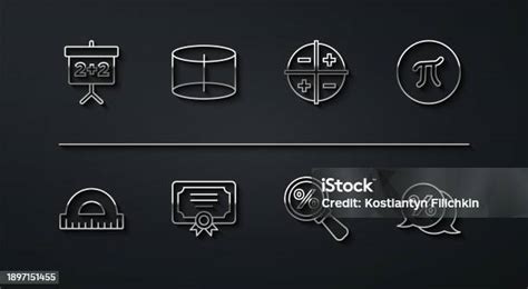 세트 라인 칠판 각도기 파이 기호 백분율 돋보기 인증서 템플릿 기하학적 그림 실린더 할인 태그 및 Xyz 좌표계 아이콘 벡터 0명에 대한 스톡 벡터 아트 및 기타 이미지