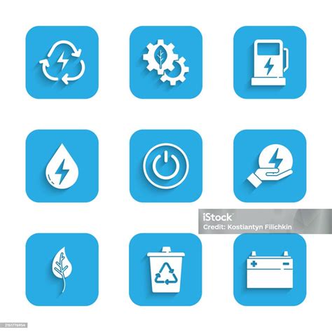 전원 버튼 재활용이 가능한 휴지통 자동차 배터리 번개 모양 잎 또는 나뭇잎 물 에너지 전기 자동차 충전소 및 배터리 아이콘을