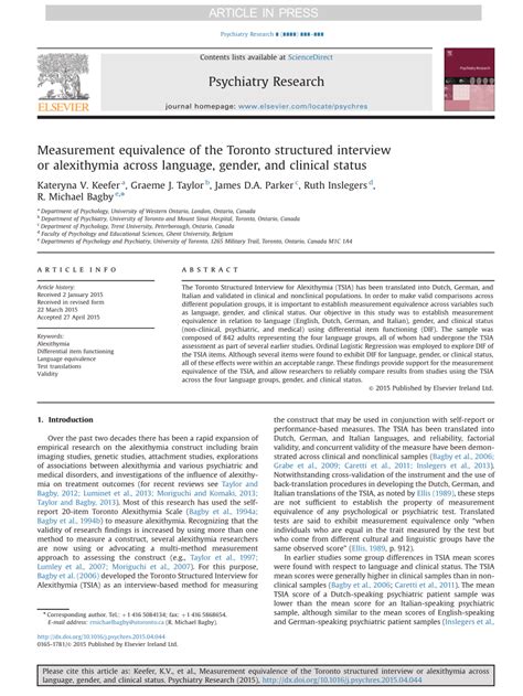 Pdf Measurement Equivalence Of The Toronto Structured Interview For Alexithymia Across