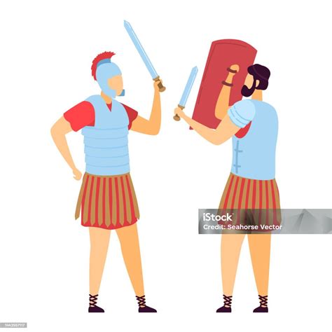 그리스 로마 남성 캐릭터 전사 고대 군인 공격 방패와 칼 수비수 흰색에 고립 된 오래된 시간 전투기 평면 벡터 일러스트 가죽에 대한 스톡 벡터 아트 및 기타 이미지 Istock