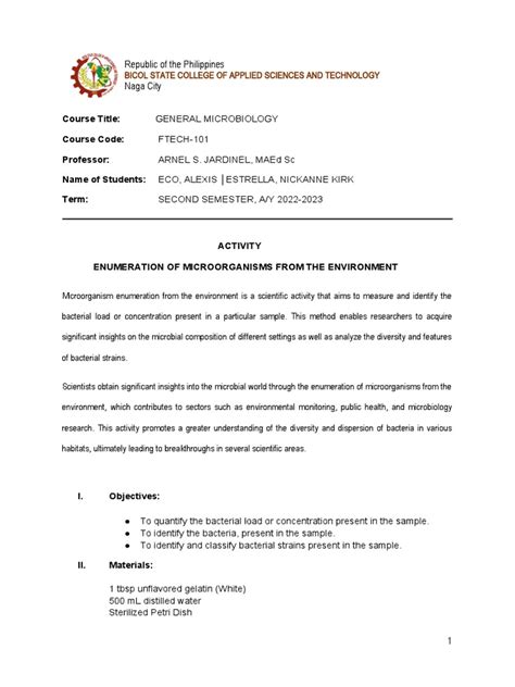 Laboratory Activity Group 7 Pdf Microorganism Bacteria