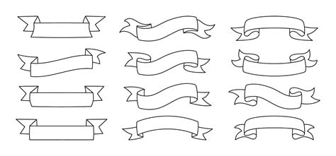 리본 라인 세트 테이프 빈 평면 컬렉션 장식 컨투어 아이콘 빈티지 개요 디자인 리본 스타일 서명 텍스트 배너 테이프의 웹 아이콘 키트입니다 고립 된 그림 프리미엄 벡터