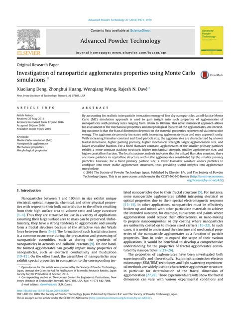 Pdf Investigation Of Nanoparticle Agglomerates Properties Using Monte Carlo Simulations