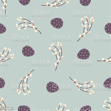 달걀과 버드 나무 나뭇 가지부활절 원활한 패턴 축제 부활절 배경 부활절 섬유 종이 인쇄를 위한 디자인 0명에 대한 스톡 벡터