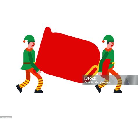 산타 요정 빨간색 가방을가지고 엘 프 포터 남자 고 자루입니다 로더 발동기 남자 자루 새 해와 크리스마스 벡터 일러스트 레이 션 12월에 대한 스톡 벡터 아트 및 기타