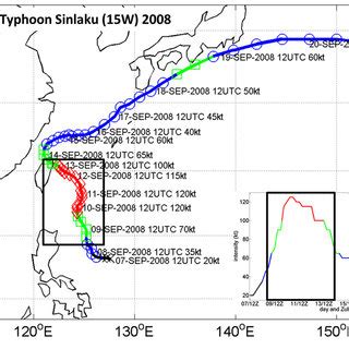 Track And Intensity Of Typhoon Sinlaku 2008 Surface Winds Less Than Download Scientific