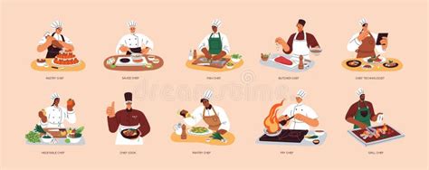 Chef Cooks At Work Professional Culinary Workers Cooking Gourmet Dishes Different Food Types