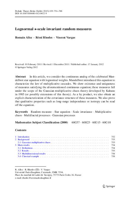 Pdf Lognormal Star Scale Invariant Random Measures