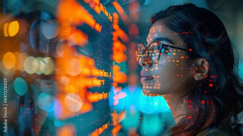 An Indian Woman Software Developer In Front Of Computer Screen With Code And Data Stock Photo