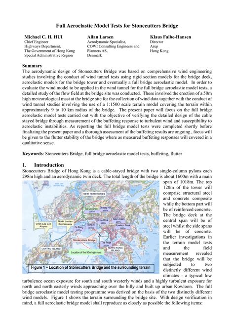 Pdf Full Aeroelastic Model Tests For Stonecutters Bridge