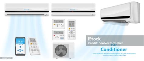 모바일 애플리케이션 제어가 있는 사무실 용 원격 또는 온도 에어컨이 있는 사실적인 에어컨 또는 분할 에어컨 시스템 세트 Eps 10 벡터 쉽게 수정 에어컨에 대한 스톡 벡터