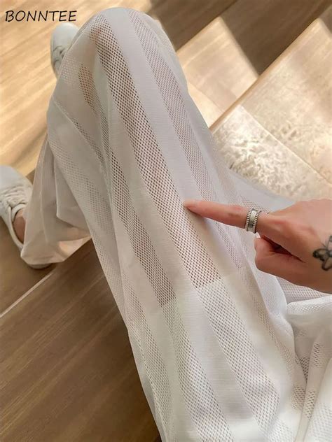 여성용 여름 통기성 바지 시원한 할로우 아웃 캐주얼 와이드 레그 오피스 레이디 슬릿 디자인 얇은 솔리드 시크 느슨한 전체