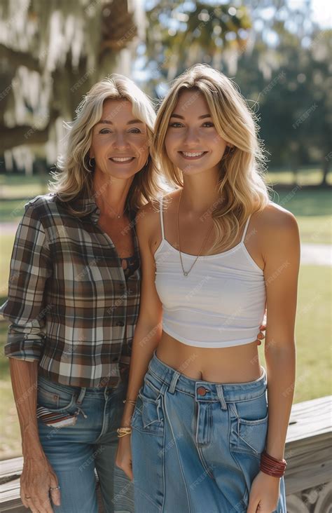 A Tall Beautiful Woman Stands With Her Smiling Mother Both Looking At