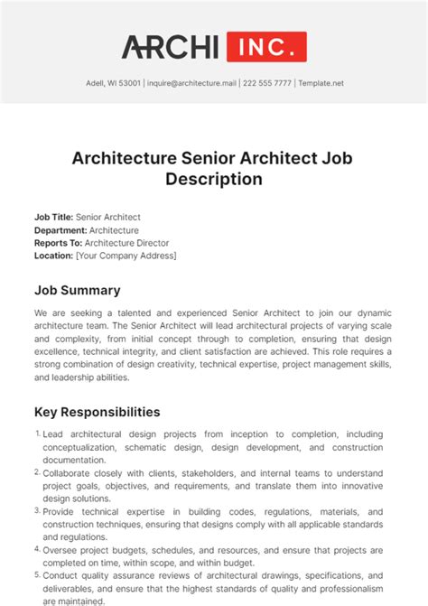 Free Architecture Senior Architect Job Description Template Edit Online And Download
