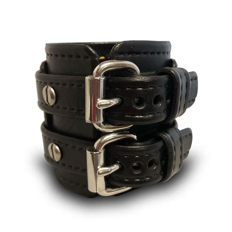 Black And Red Leather Double Strap Double Buckle Cuff Wristband