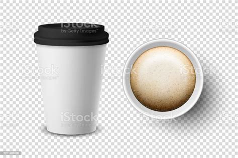 벡터 3d 현실적인 일회용 열린 종이 음료 아이콘 에 대한 플라스틱 커피 컵 은 투명 한 배경에 격리 된 닫닫기 설정 디자인 템플릿 모형 상단 및 전면 뷰 0명에 대한 스톡
