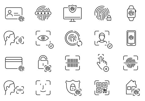 Biometric Identification Line Icon Set Face Id Touch Id Linear Pictogram Fingerprint Facial