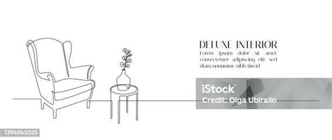 식물이있는 꽃병이있는 안락 의자와 테이블의 연속 한 줄 그리기 간단한 선형 스타일의 거실 또는 복고풍 호텔 컨셉을위한 빈티지 세련된 가구 낙서 벡터 일러스트 레이 션 0명에