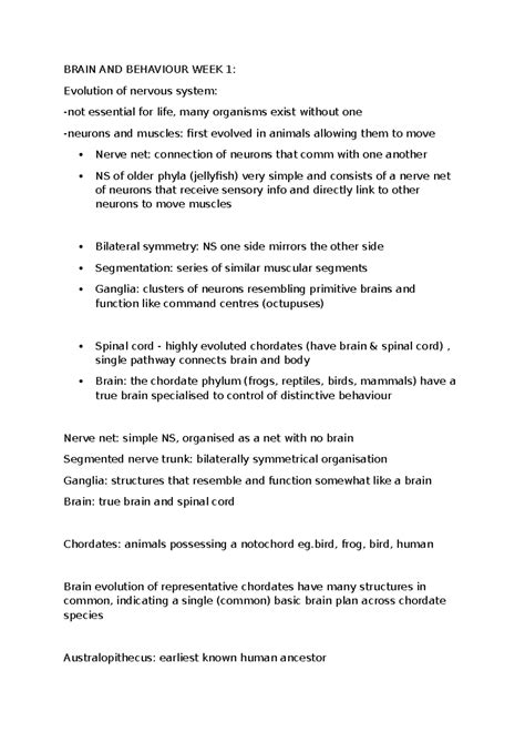 Bb Week 1 Notes Brain And Behaviour Week 1 Evolution Of Nervous