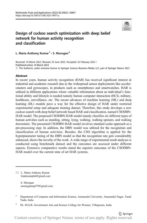Design Of Cuckoo Search Optimization With Deep Belief Network For Human