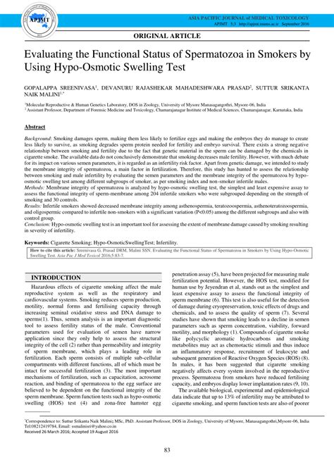 Pdf Evaluating The Functional Status Of Spermatozoa In Smokers By Using Hypo Osmotic Swelling Test