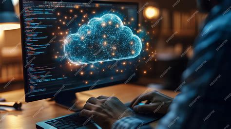 Man Using Computer Showing Cloud Computing Diagram In Hand Cloud