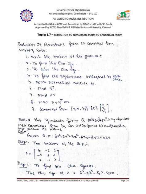 Unit 1 Reduction To Quadratic Form To Canonical Form Pdf Domestic