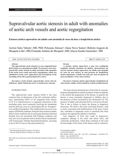 PDF Supravalvular Aortic Stenosis In Adult With Anomalies Of Aortic Arch Vessels And Aortic