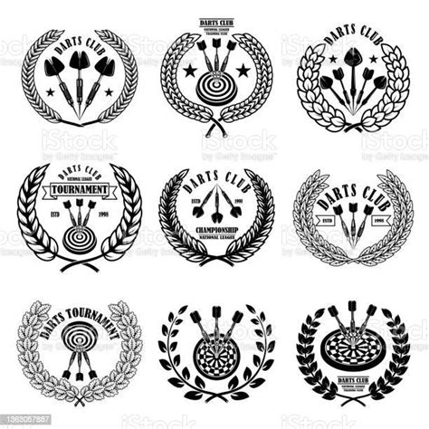 다트가 있는 엠블럼 세트 라벨 기호 엠블럼용 디자인 요소 벡터 일러스트레이션 개체 그룹에 대한 스톡 벡터 아트 및 기타 이미지