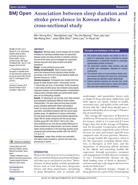 Pdf Association Between Sleep Duration And Stroke Prevalence In Korean Adults A Cross