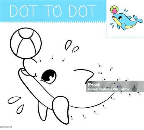 아이들을 위한 공이 있는 돌고래와 함께 도트 투 도트 게임 색칠하기 책 귀여운 만화 돌고래가 있는 색칠 공부 페이지 점 벡터