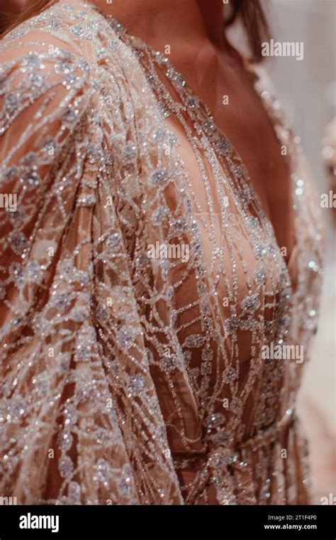 Elegant Fashion Details Of Pastel Pink Haute Couture Boudoir Dress With Glitter Fashion Shot