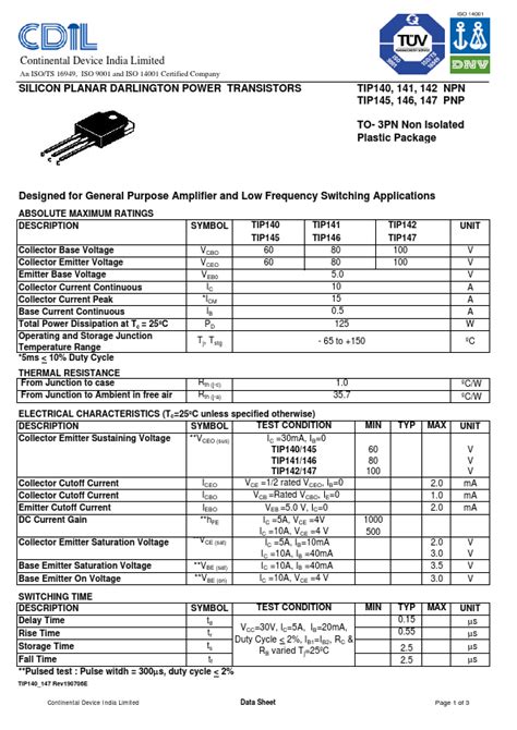 Tip147 Datasheet Cdil