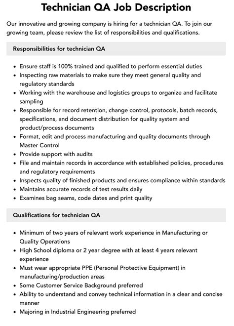 Technician QA Job Description Velvet Jobs