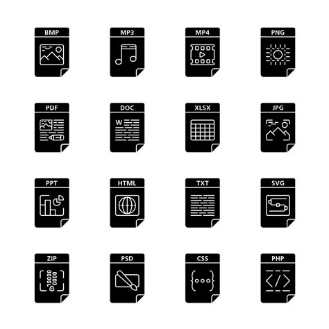 Files Format Glyph Icons Set Multimedia Text Image Web Digital Files BMP MP MP PNG