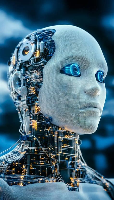 Advanced Android Close Up Of Artificial Intelligence With Complex Glowing Cybernetics Stock