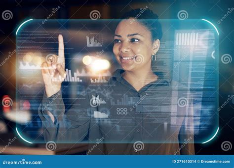 Hologram Dashboard Data Or Woman Touch Fintech Insight Hud Business Administration Statistics